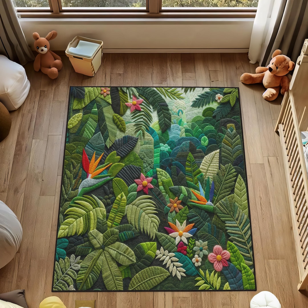 Tropical Tranquility Floral Rug - Exotic Green Vibes Rug - Palm Leaf ...
