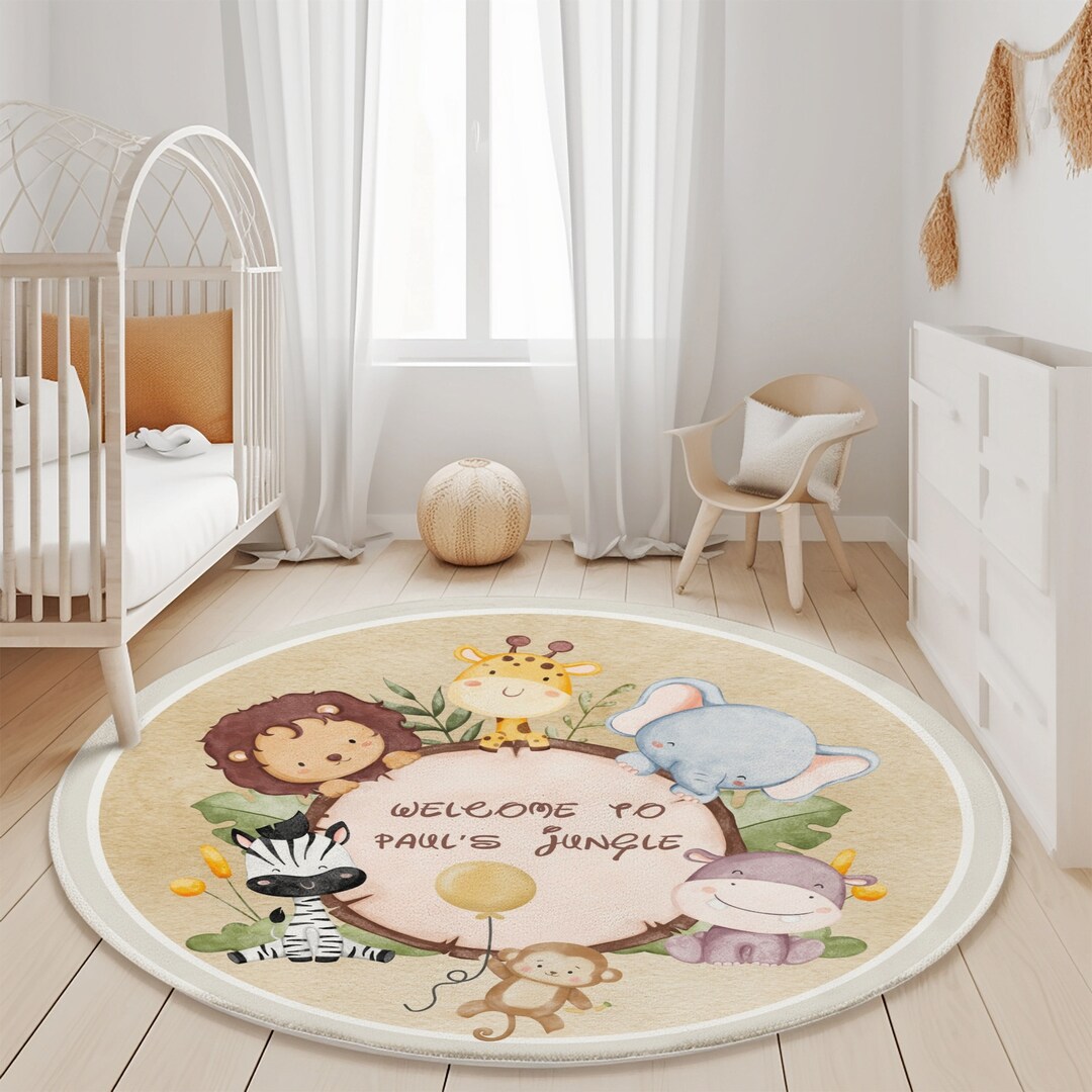 Personalized Jungle Nursery Rug, Safari Animals Rug, Baby Animal Rug ...
