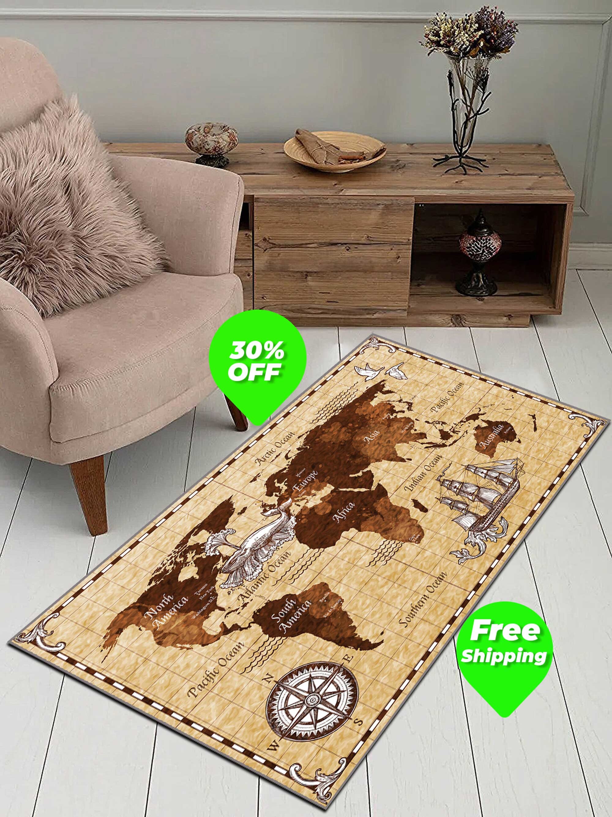Vintage World Map Rug, Retro Map Rug, Global Explorer Rug, Warm and ...