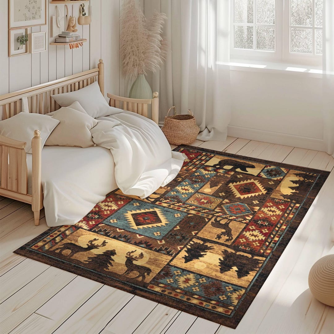 Traditional Bear and Deer Rug Lodge Wildlife Rug Southwestern Aztec ...