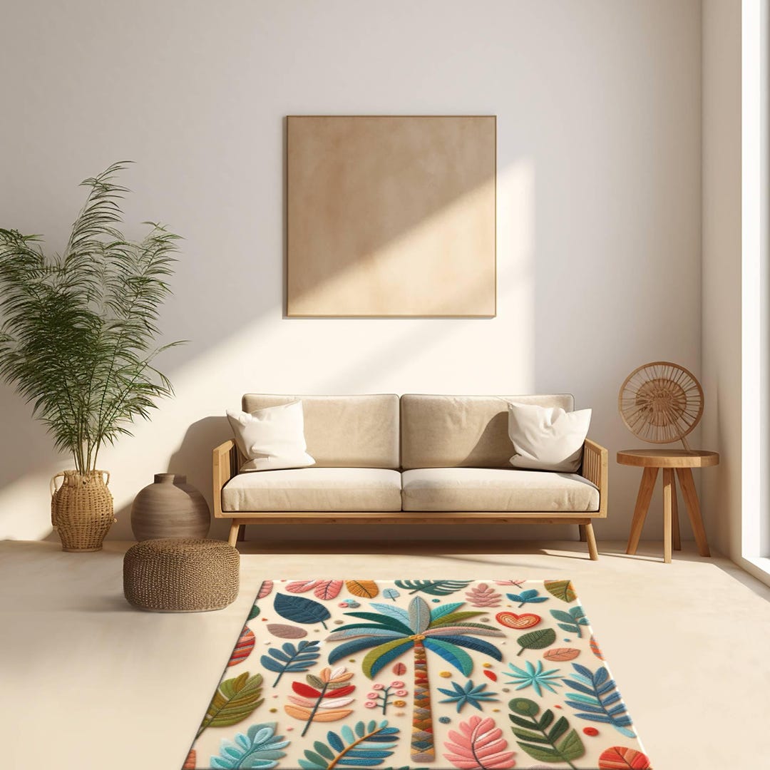 Tropical Palm Tree Rug, Colorful Leaf Rug, Botanical Area Rug, Living ...