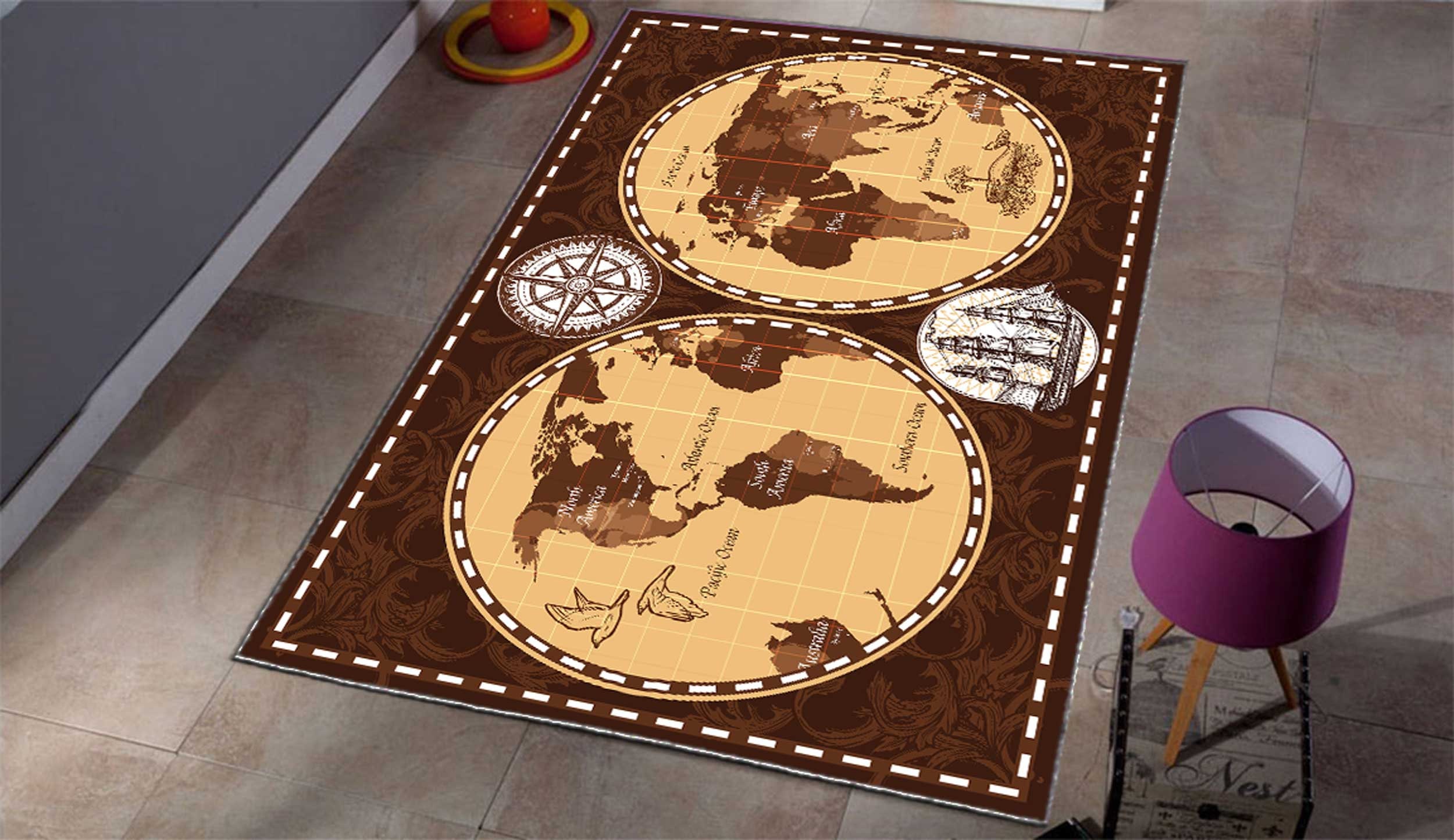 Vintage World Map Rug, Retro Map Rug, Global Explorer Rug, Warm and ...