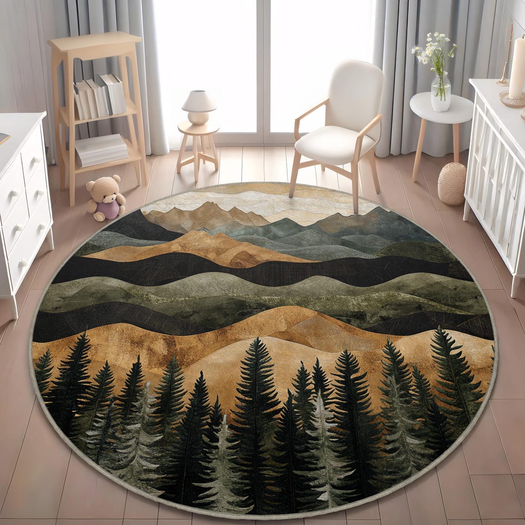 Mountain Print Rug, Landscape Art Rug, Abstract Mountain Rug, Green and ...