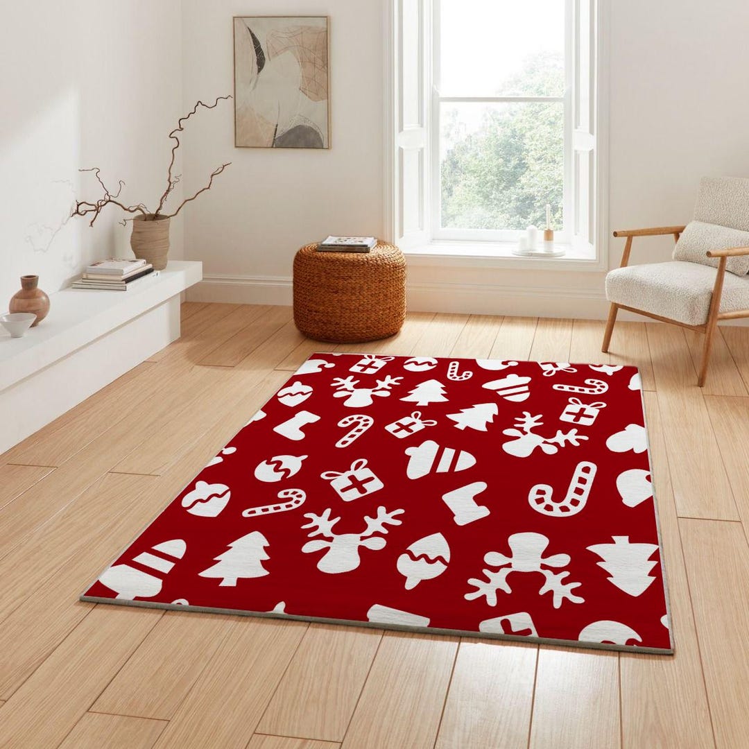 Christmas Icon Rug, Red and White Christmas Rug, Red Rug With Christmas ...