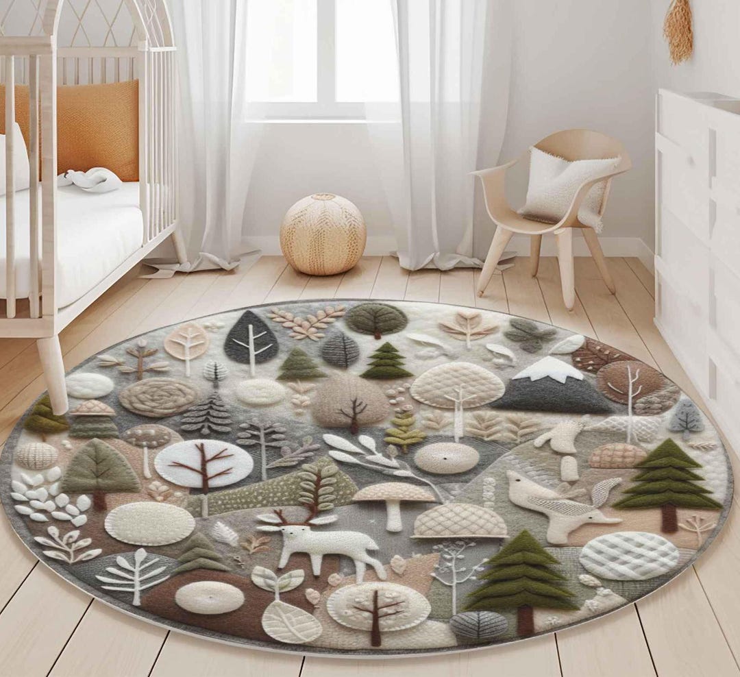 Forest Nursery Rug, Round Rug, Woodland Rug, Forest Animals & Trees Rug ...