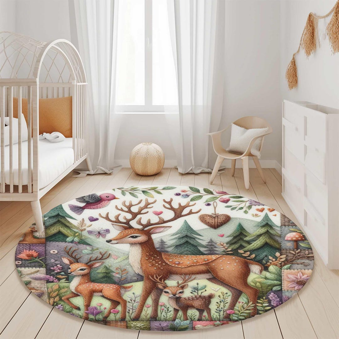 Round Deer Family Nursery Rug, Woodland Animals Rug for Baby Room, Mama ...