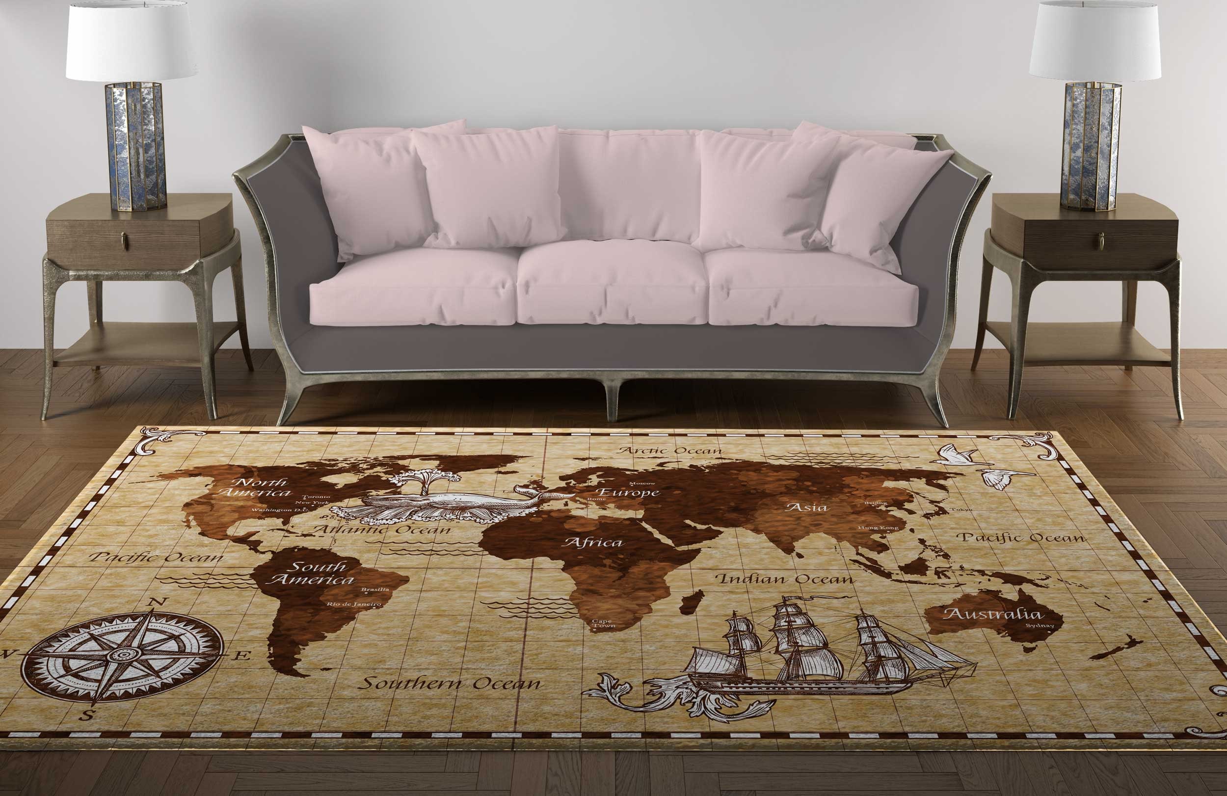 Vintage World Map Rug, Retro Map Rug, Global Explorer Rug, Warm and ...