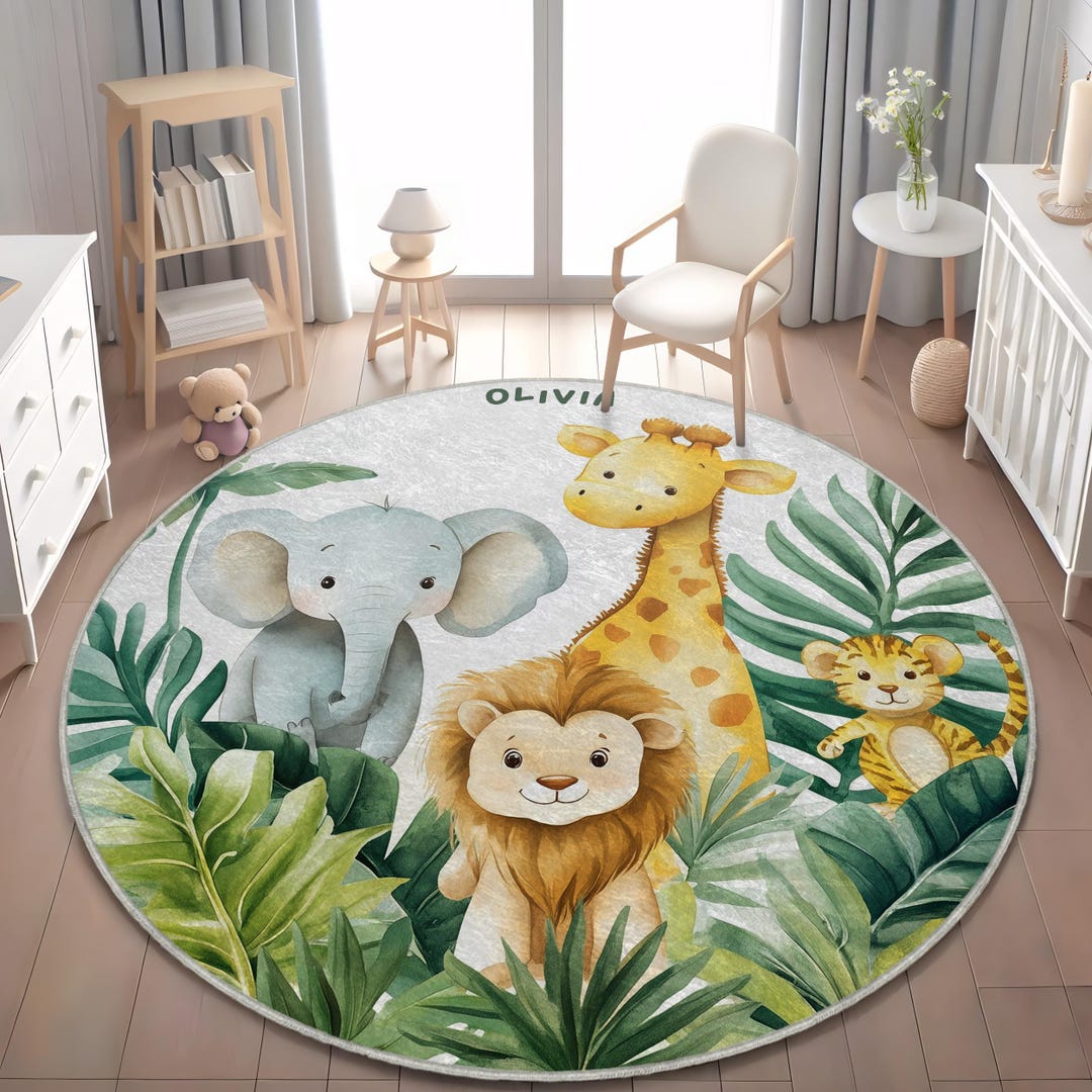Custom Safari Kids Rug: Round Jungle Animals Play Mat - Etsy
