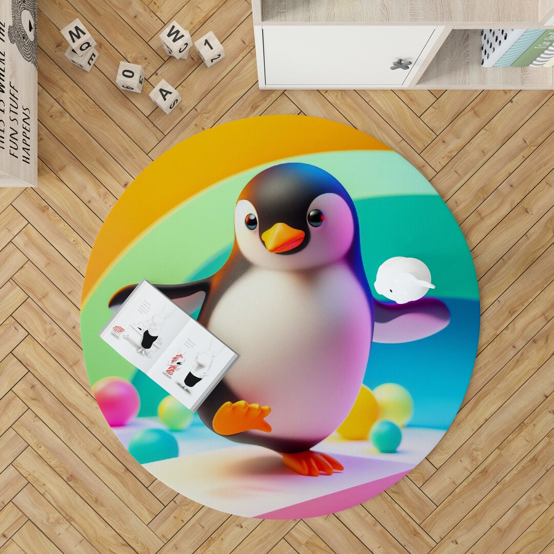 Penguin Rug for Kids Room, Baby Penguin Round Rug for Nursery, Cute ...