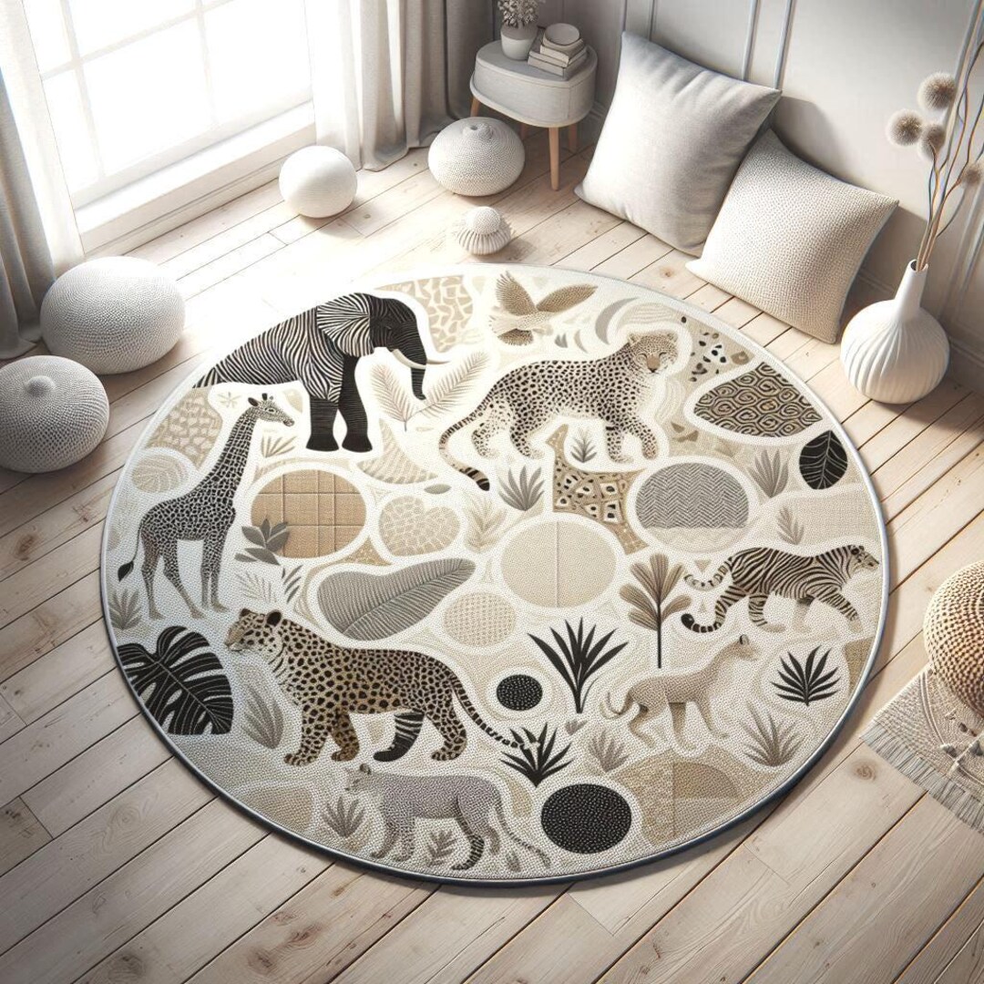 Safari Animal Print Round Rug: Washable Nursery Playroom Decor - Etsy UK