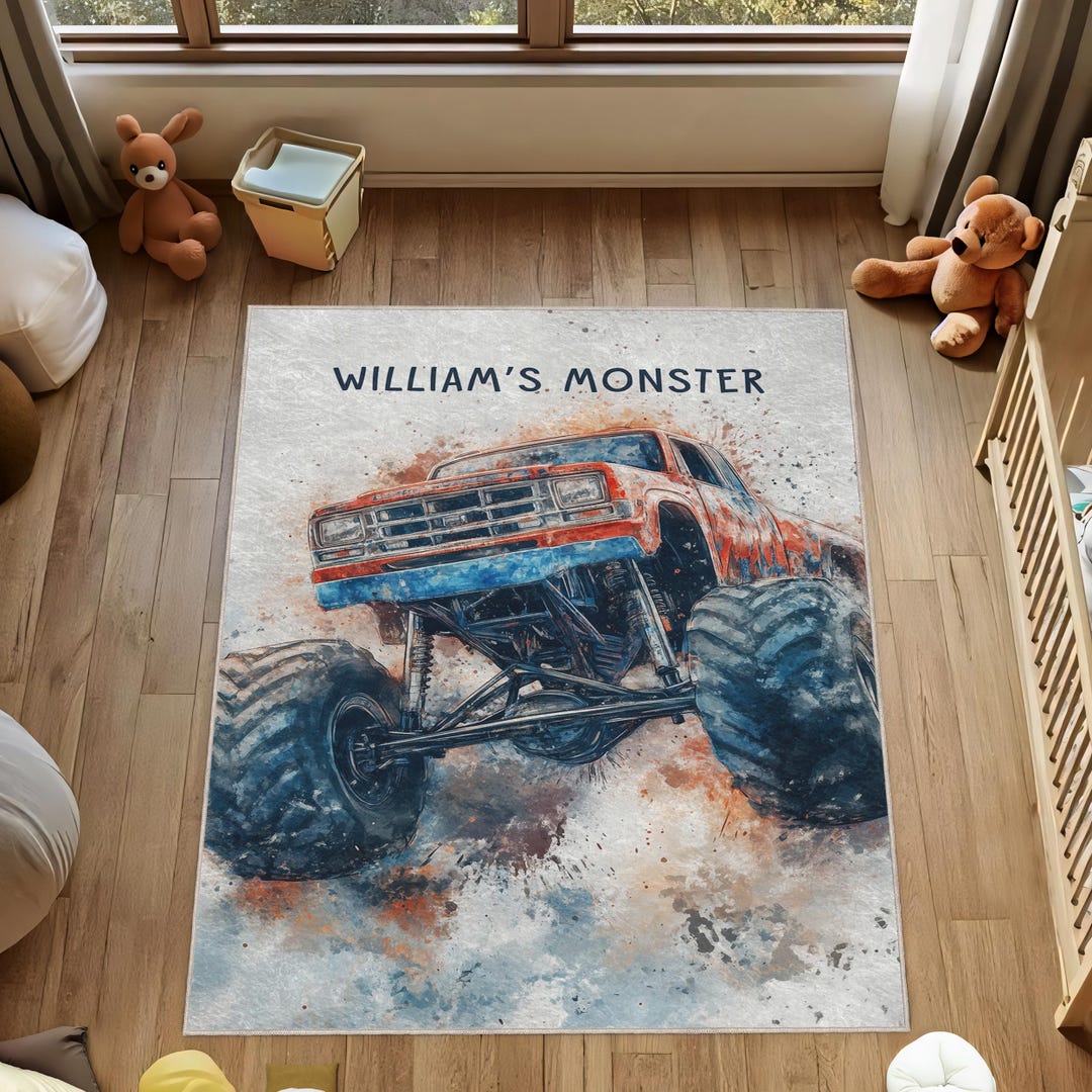 Personalized Kids Monster Truck Rug, Custom Name Kids Room Decor, Boys ...