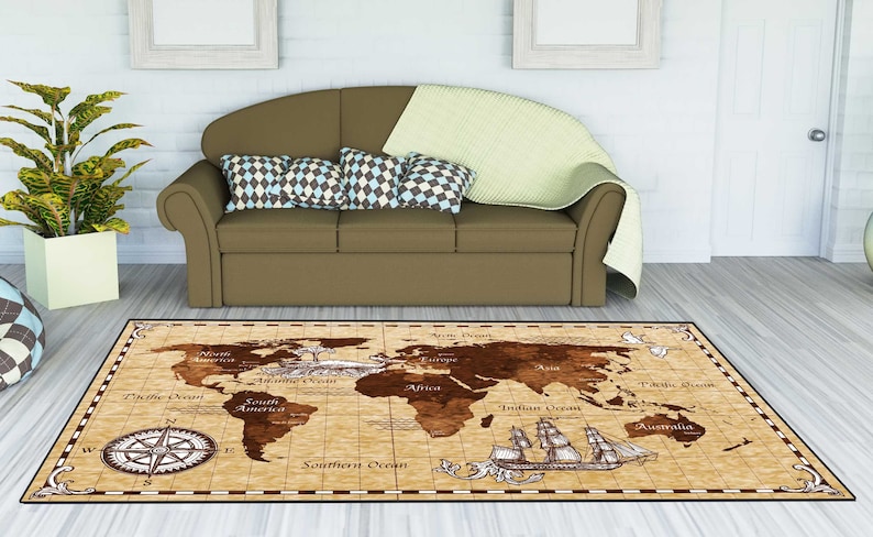 Vintage World Map Rug, Retro Map Rug, Global Explorer Rug, Warm and ...