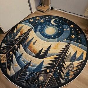 Round Night Sky Rug, Whimsical Landscape Area Rug With Moon and Stars ...