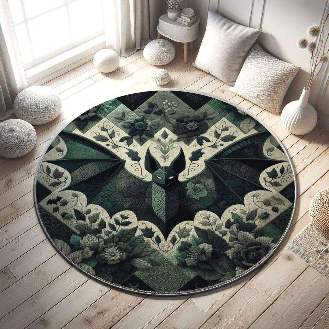 Goth Bat Rug, Floral Gothic Rug, Botanical Green and Black Design Rug ...