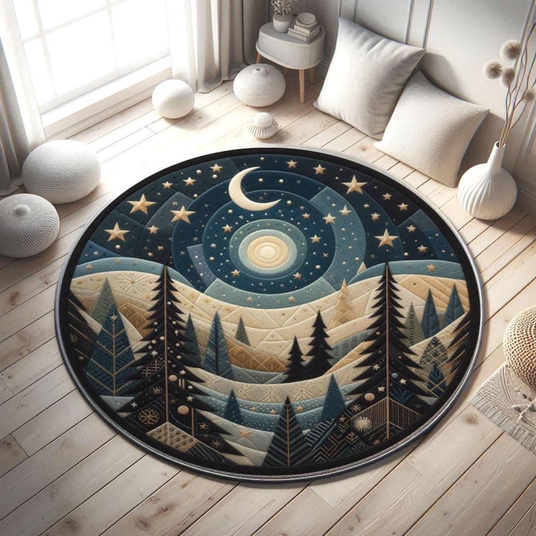 Round Night Sky Rug, Whimsical Landscape Area Rug With Moon and Stars ...