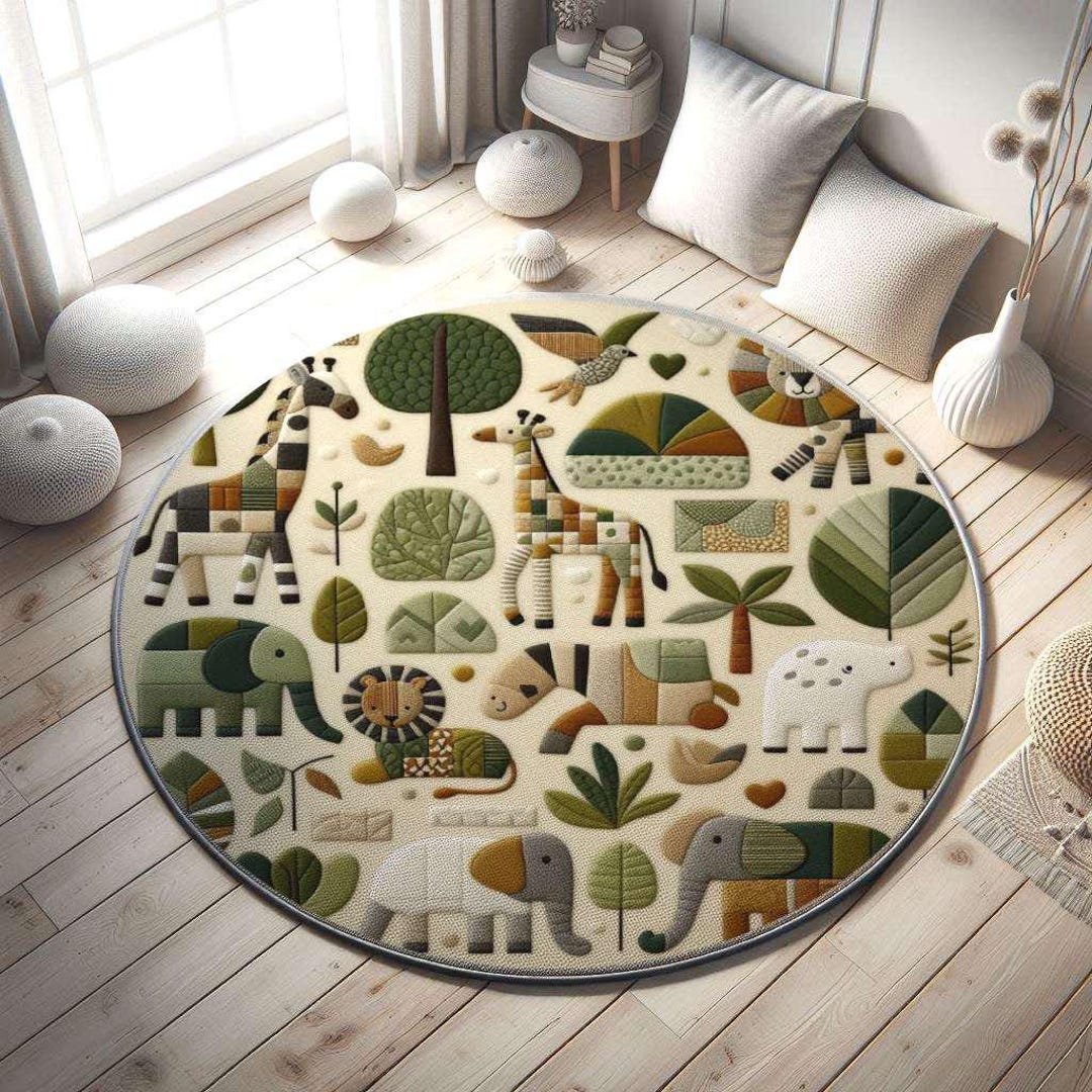 Whimsical Safari Nursery Rug With Safari Animals, Soft Play Mat, Baby ...