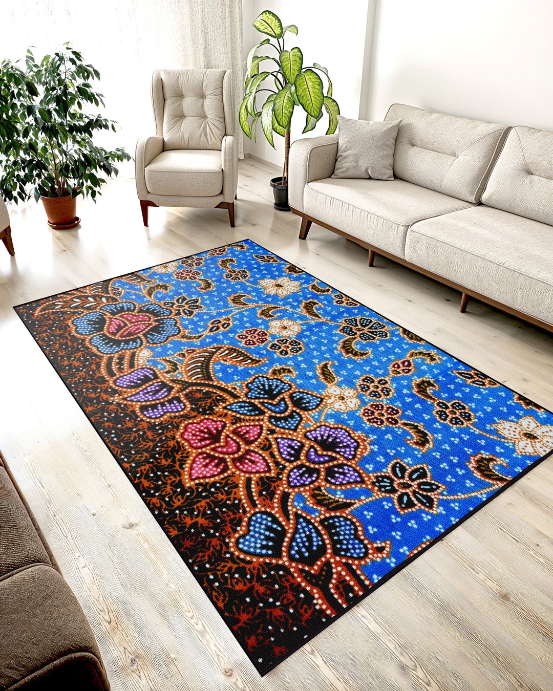Flowers Art Rug, Batik Design Rug, Balinese Batik Rug, Graphic and ...