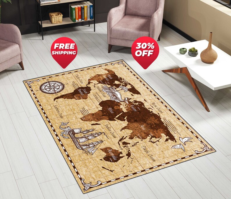 Vintage World Map Rug, Retro Map Rug, Global Explorer Rug, Warm and ...