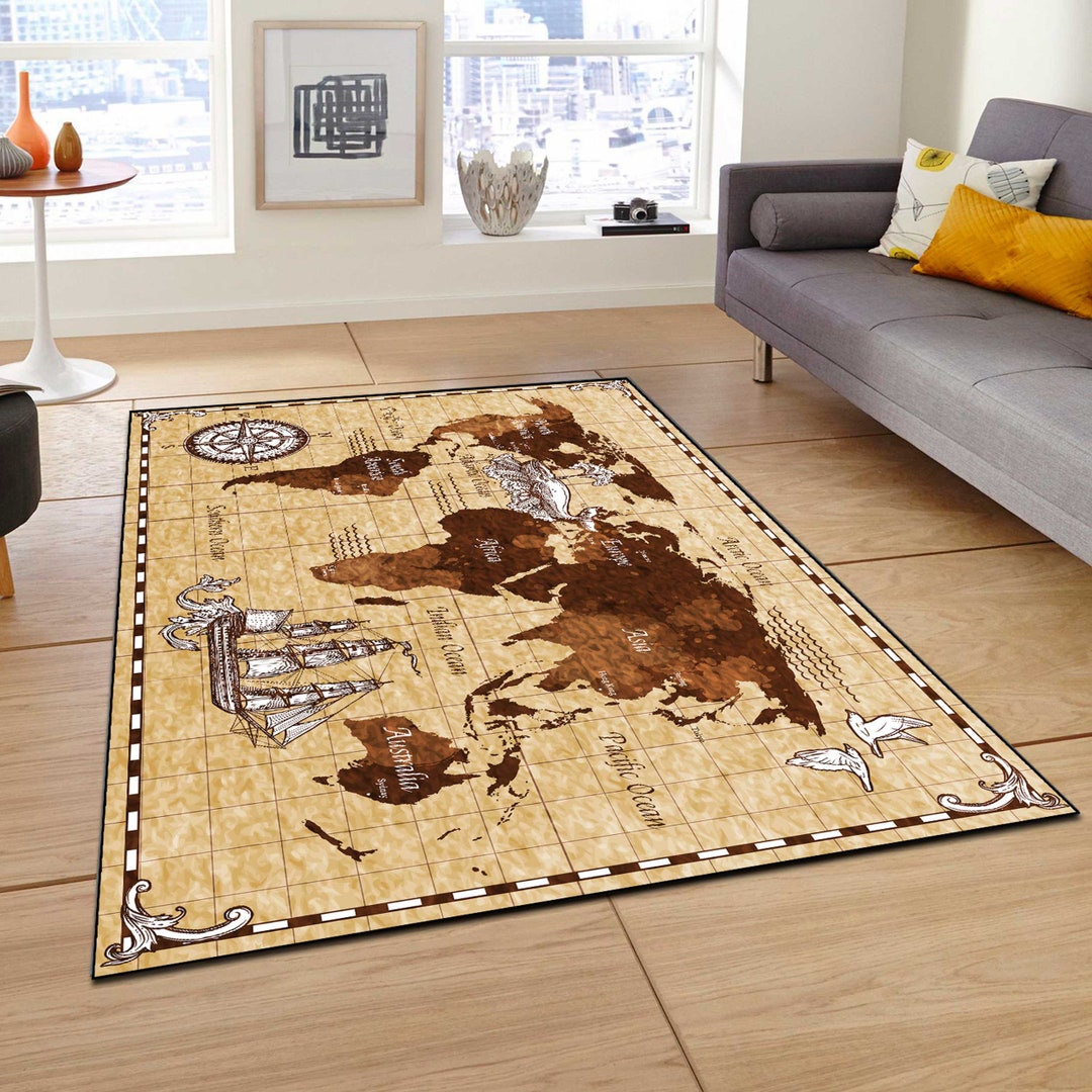 Vintage World Map Rug, Retro Map Rug, Global Explorer Rug, Warm and ...