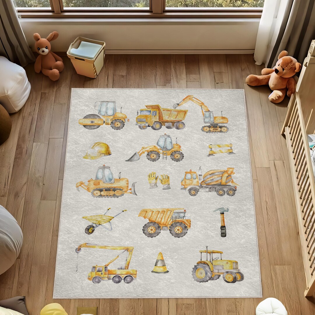 Kids Construction Rug, Excavator Rug With Trucks, Playroom Decor Rug ...
