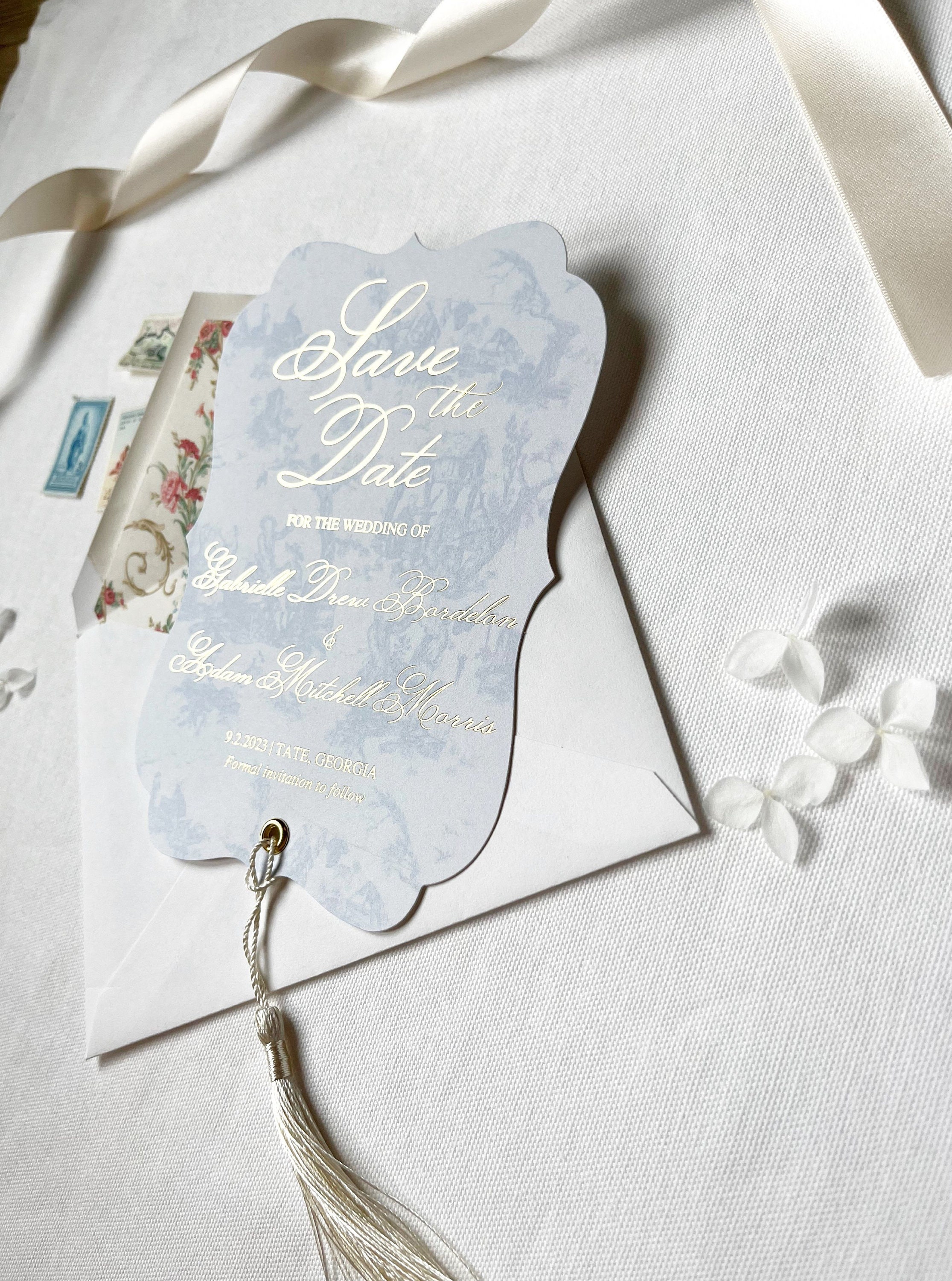 Printable Blue and Gold Toile Save the Date Template Garden Wedding ...