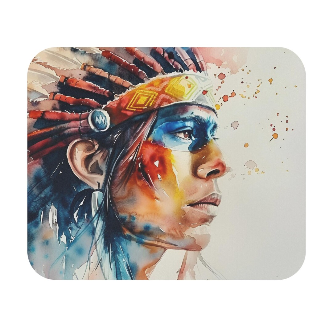 Watercolor Native Chief Portrait Mouse Pad | Colorful Tribal Headdress ...