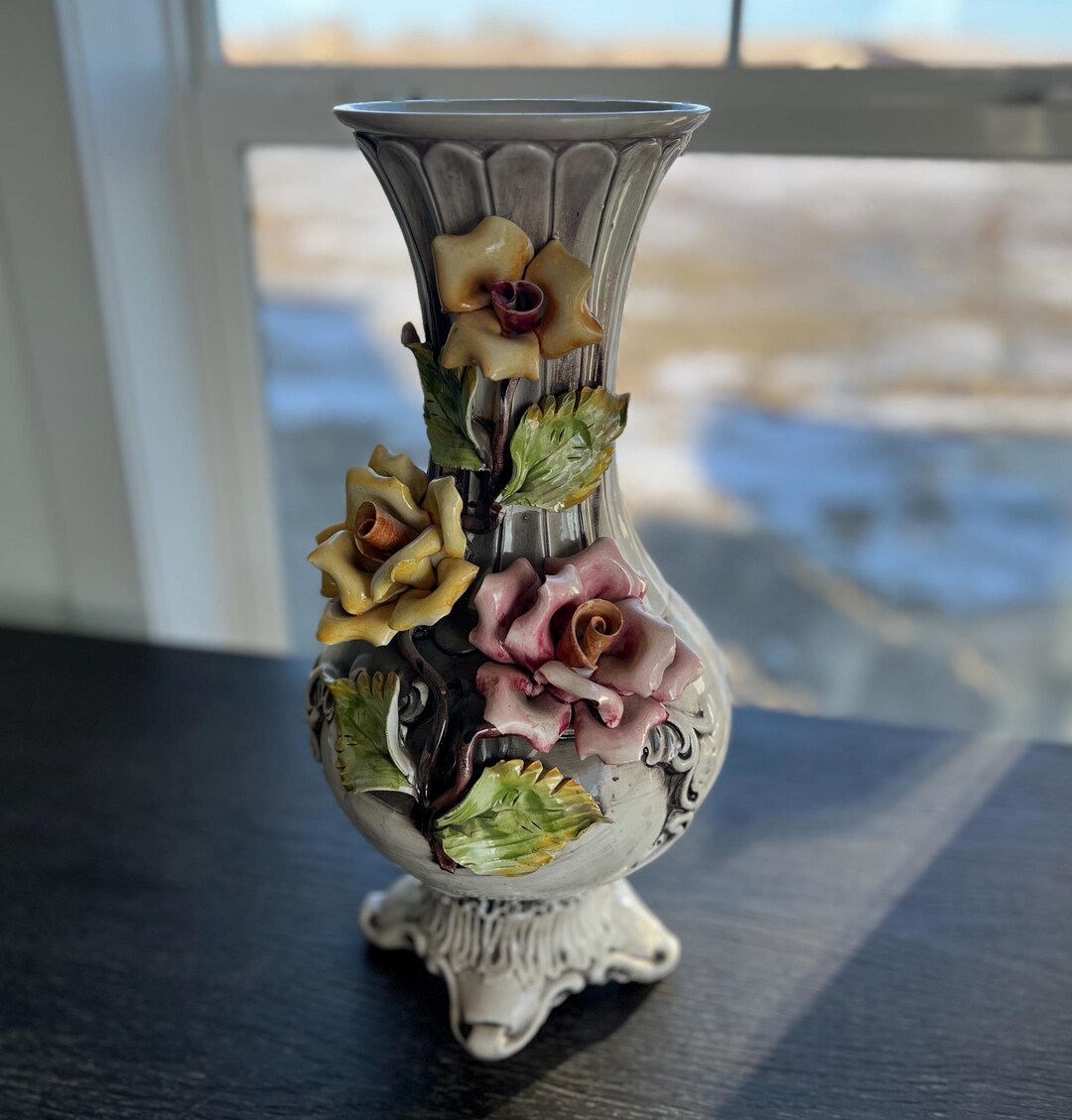 Antique Capodimonte Large Vase Porcelain 16" Tall Beautiful Roses Made ...