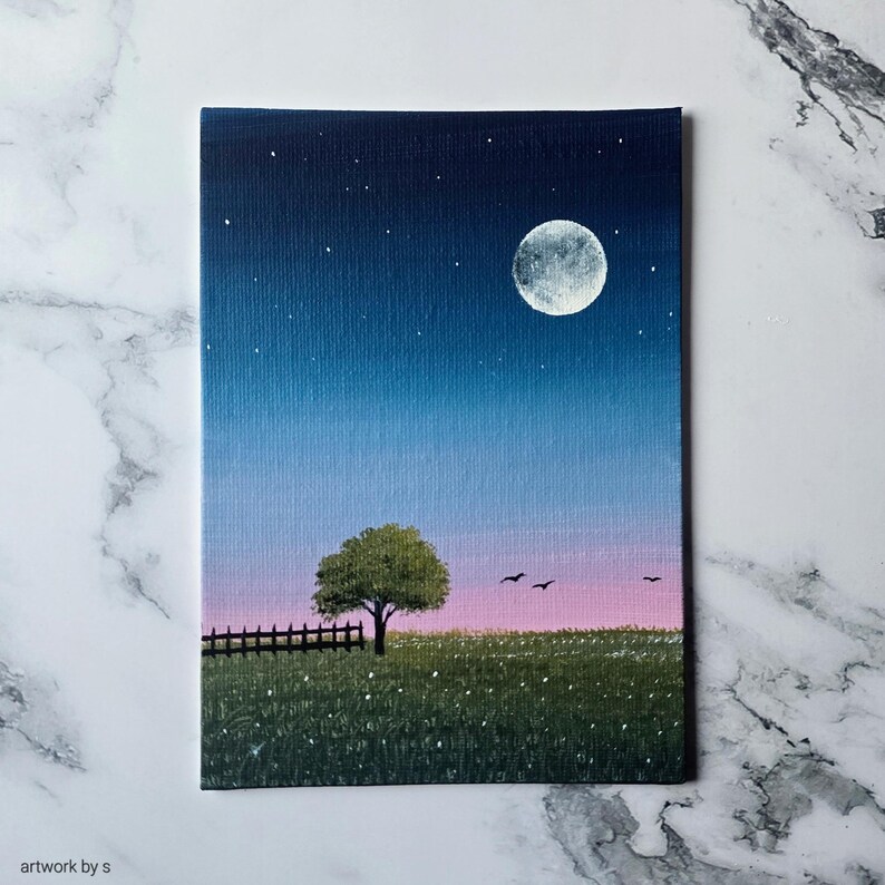 Original Acrylic Painting on Canvas Board Night Sky Tree Painting - Etsy