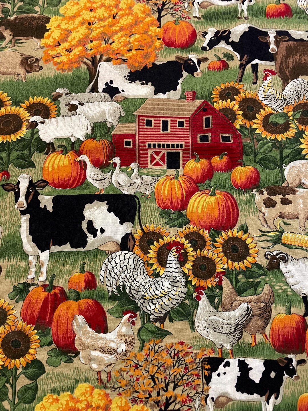 Vintage Farm Scene Cotton Fabric: Cows, Pumpkins, Sunflowers, Barns ...