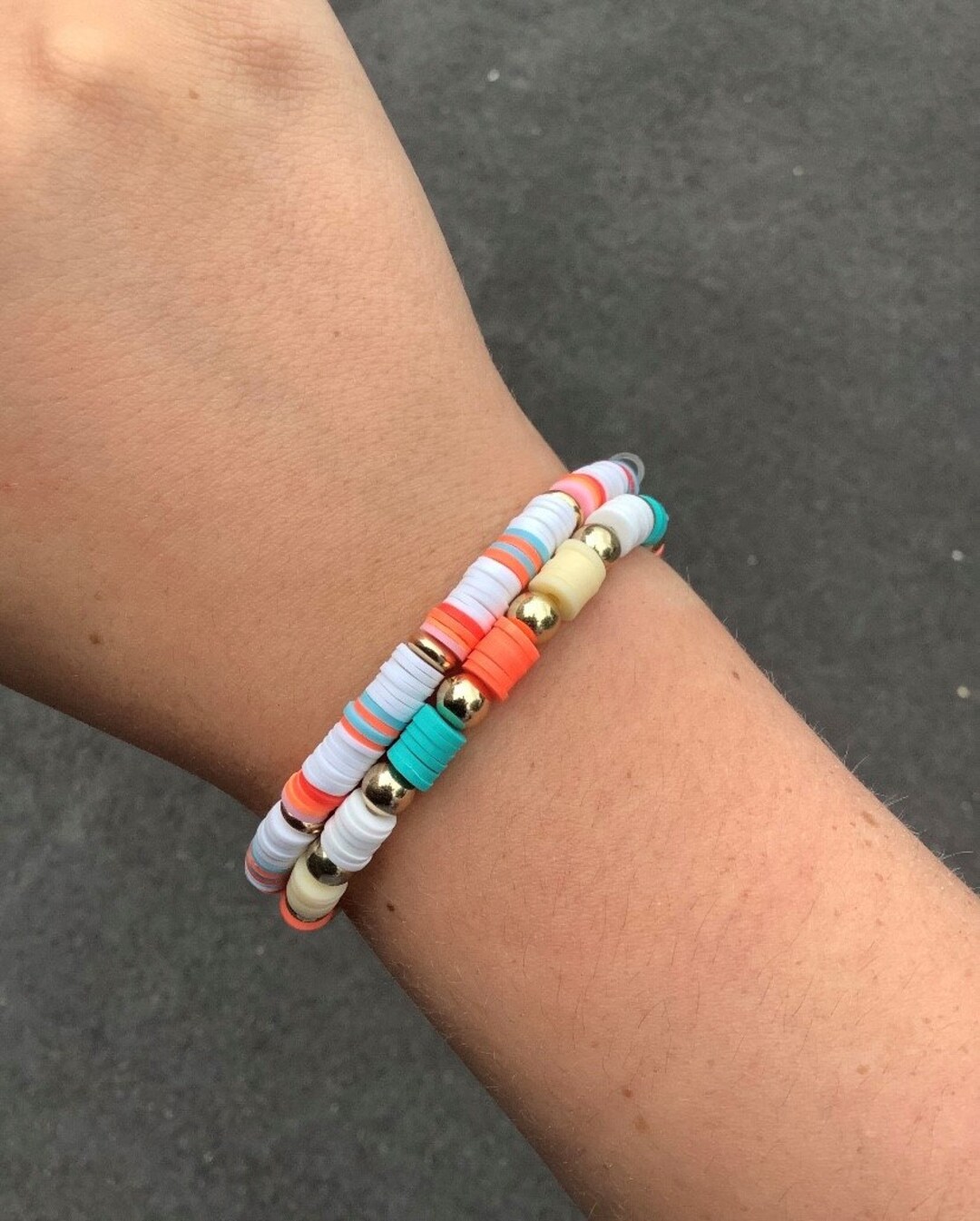 Hand Made 2 Matching Clay Bead Bracelets/heishi Beads With - Etsy