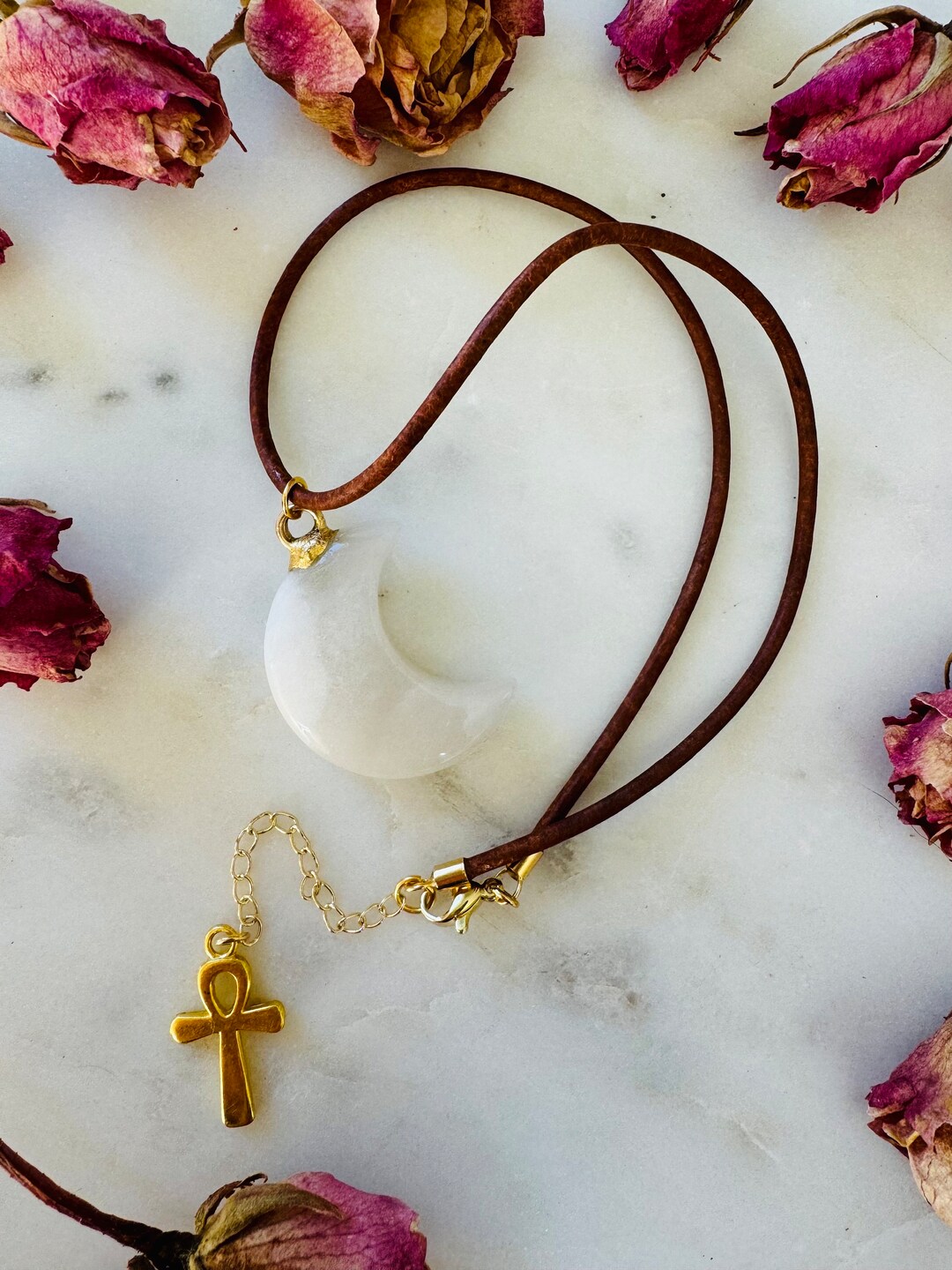 White Jade Moon on Brown, Round-rope Choker Necklace With Ankh Pendant ...
