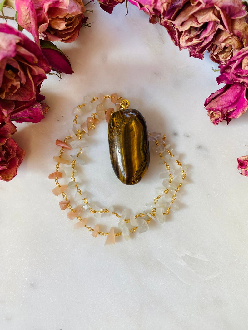 Tigers Eye Crystal on Moonstone Chip Necklace, Crystal for Courage ...