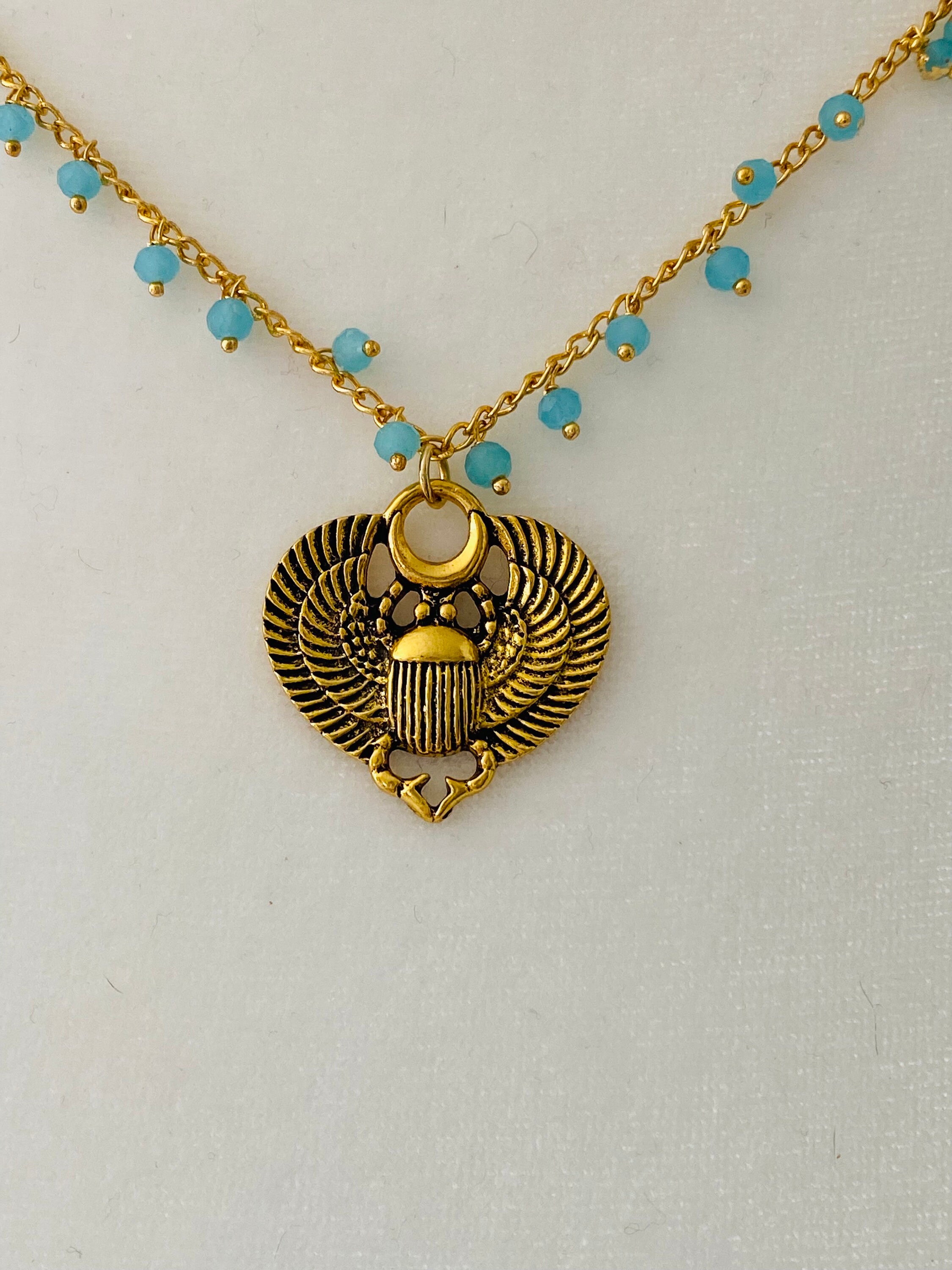 Scarab Beetle Pendant, Aquamarine Dangle Drop Bead Necklace, Sacred ...