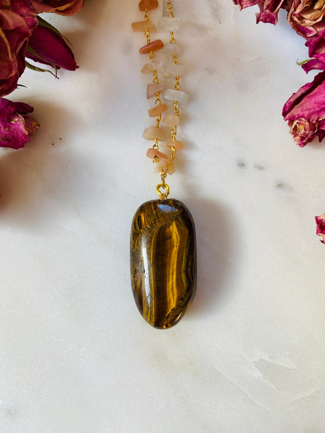 Tigers Eye Crystal on Moonstone Chip Necklace, Crystal for Courage ...