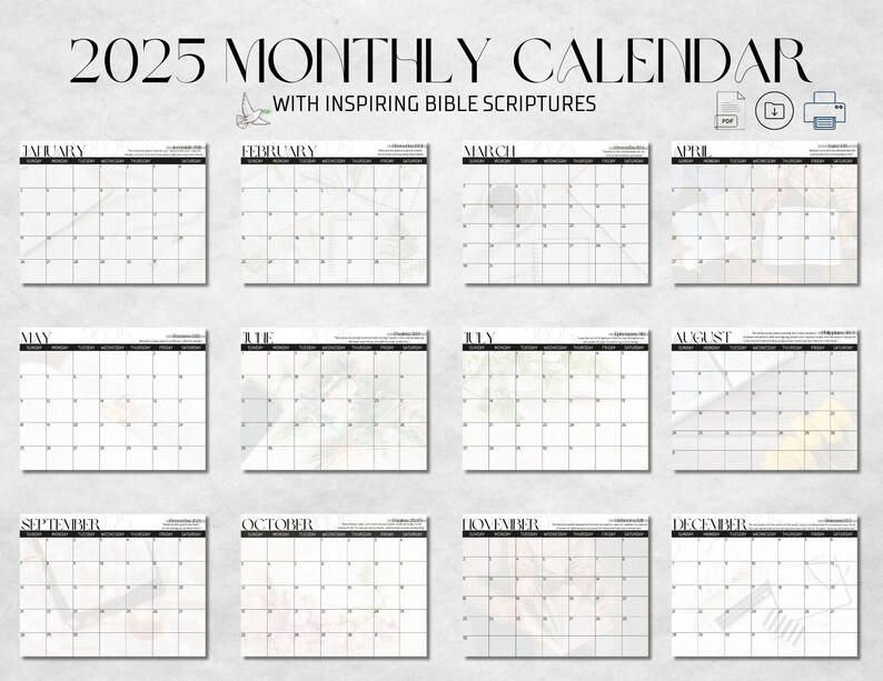2025 Monthly Calendar With Bible Scriptures Printable Digital Download ...