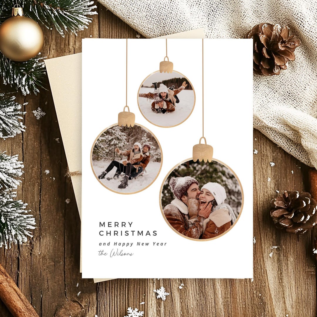 Gold Photo Collage Christmas Family Card, Modern Minimalist Photo ...