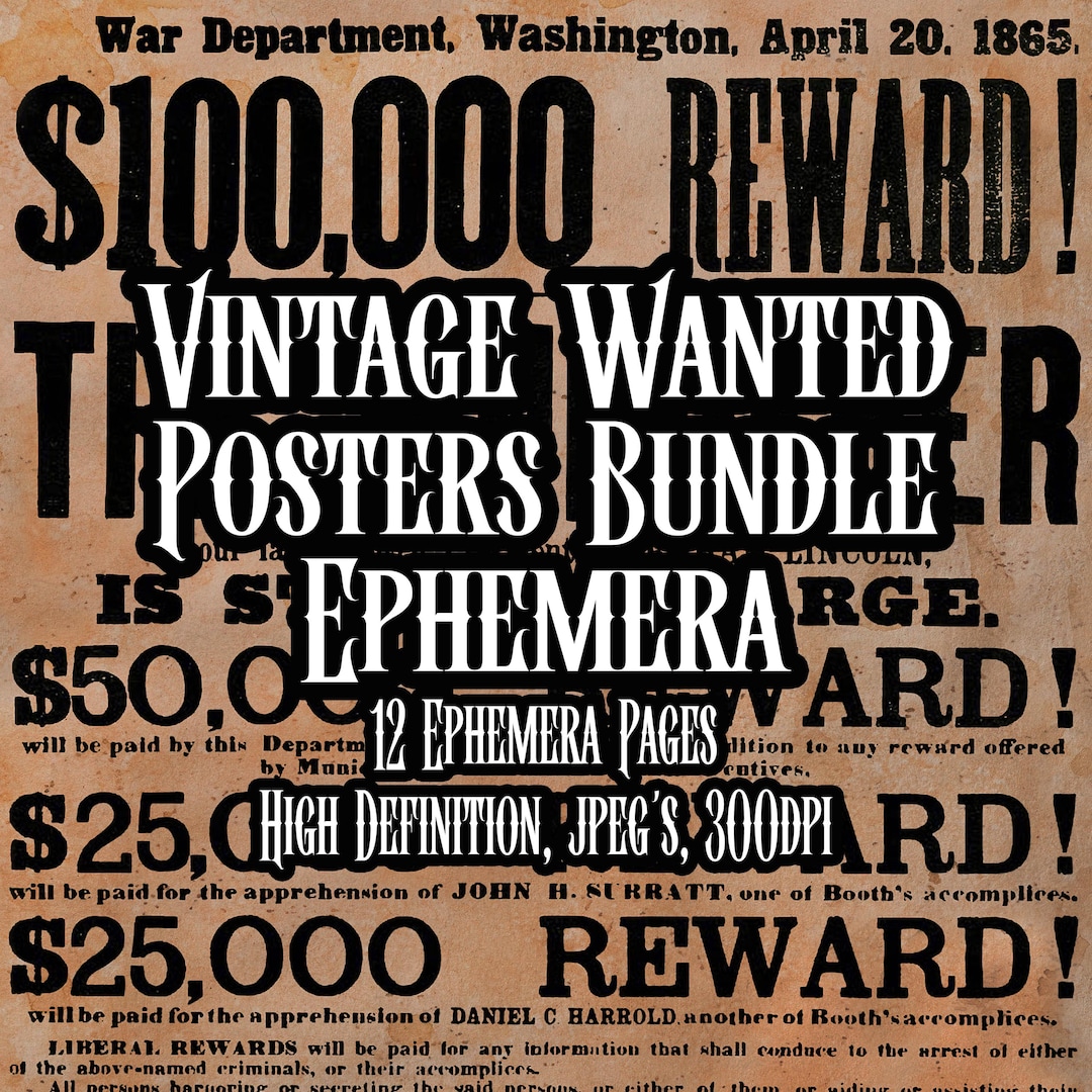 Vintage Wanted Posters Ephemera Bundle 12+ Printable Full Page ...