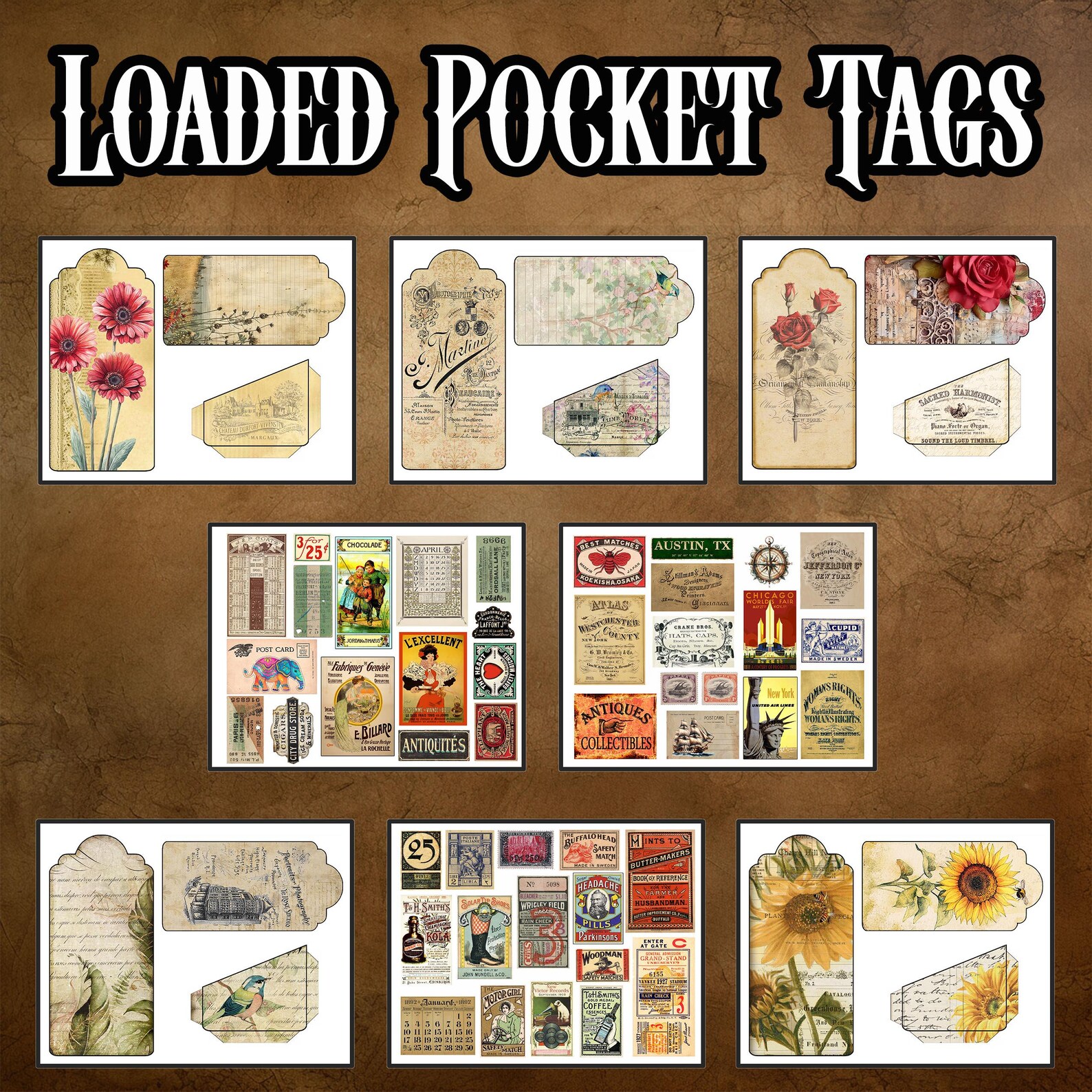Loaded Pocket Tags Mix'n'match Layered Ephemera Pages Cards Decoupage ...