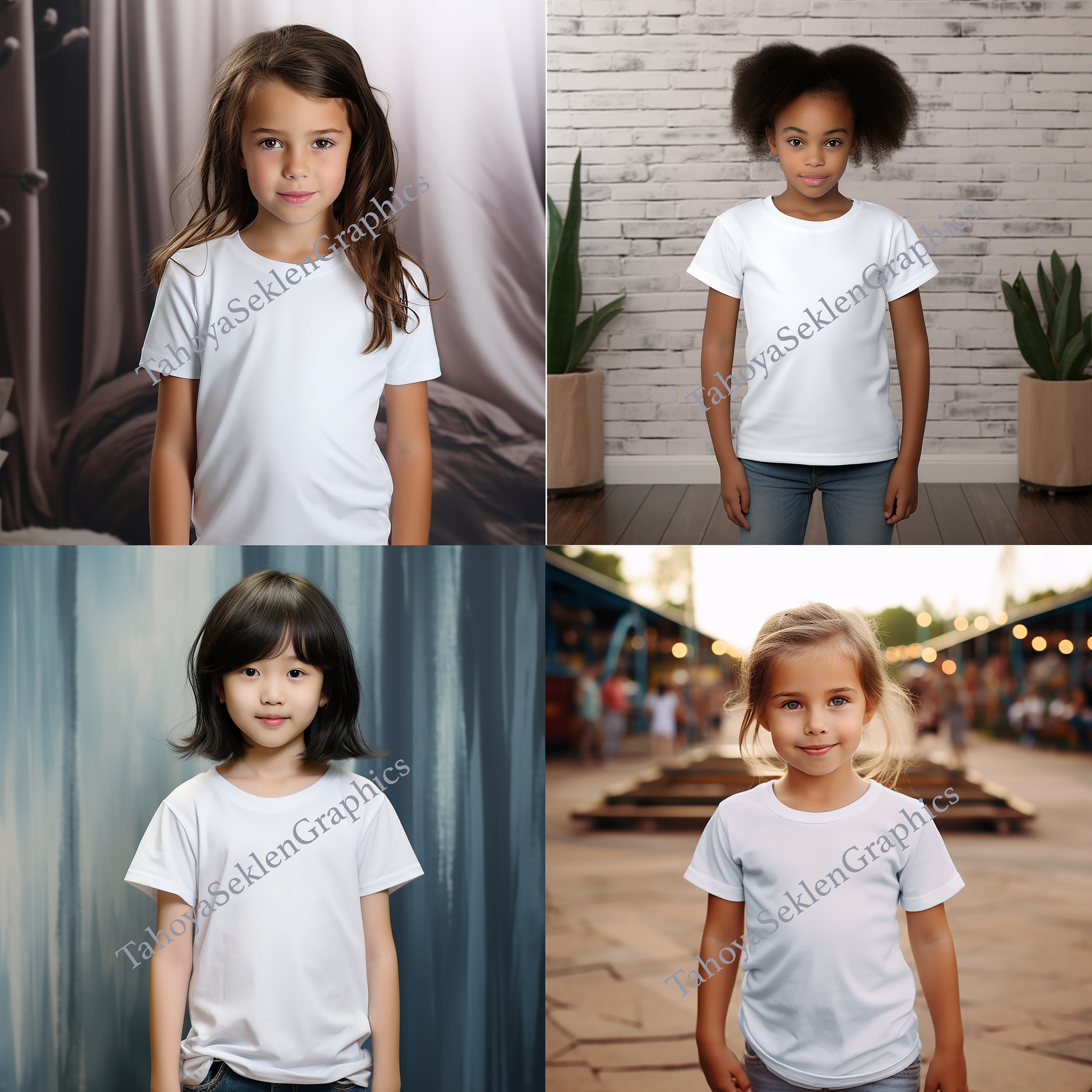 Girls White T-shirt Mockup Bundle Kids Ethnically Diverse T-shirts ...