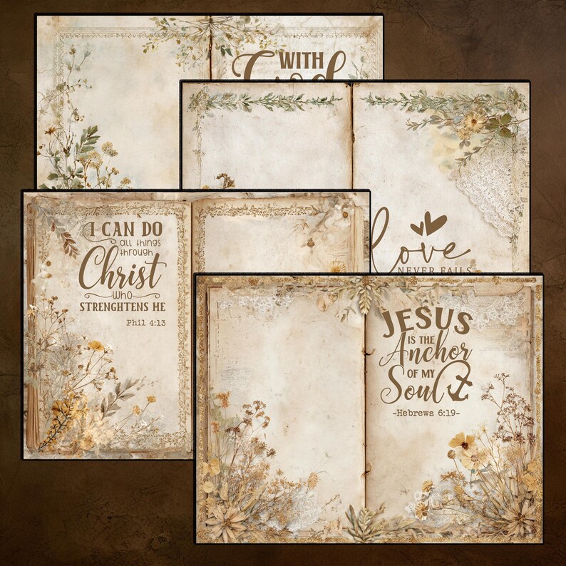 Neutral Scripture and Pressed Wildflower Junk Journal Ephemera Antique ...
