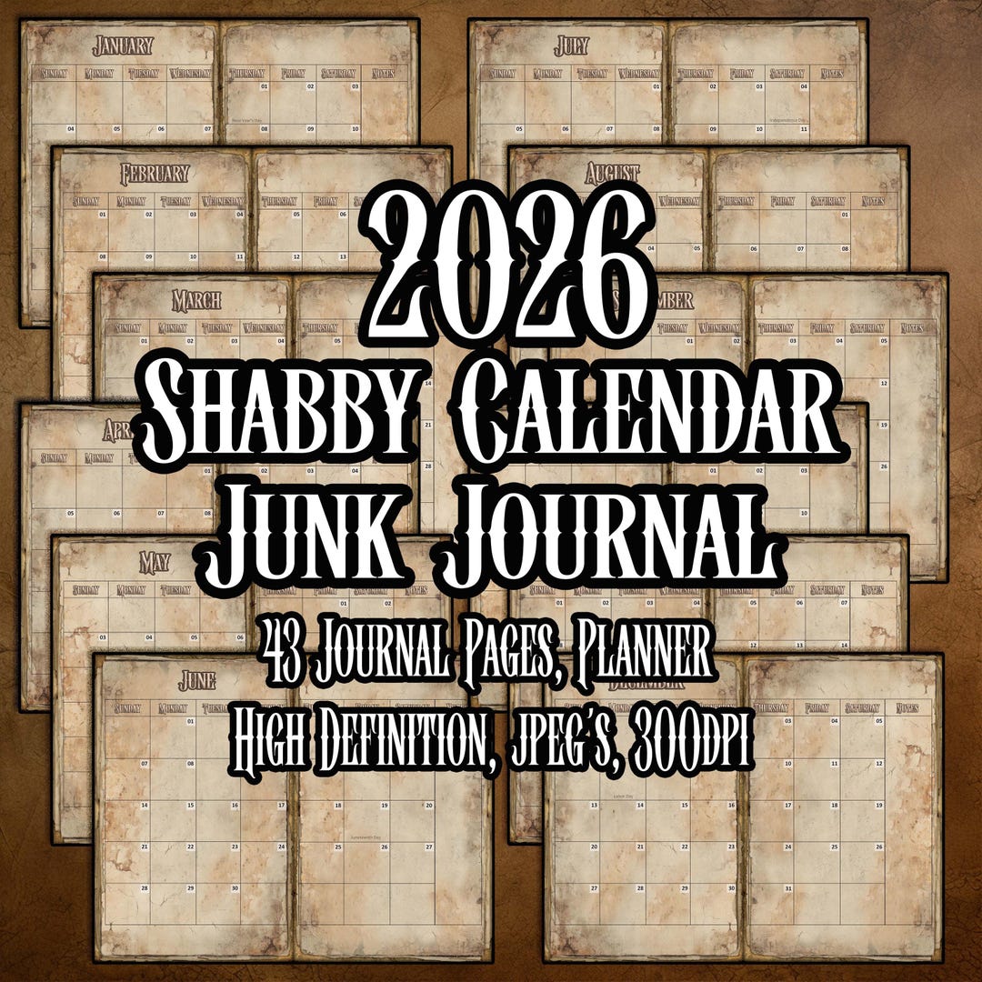 Shabby 2026 Calendar Junk Journal Printable Pages Scrapbooking Supplies ...