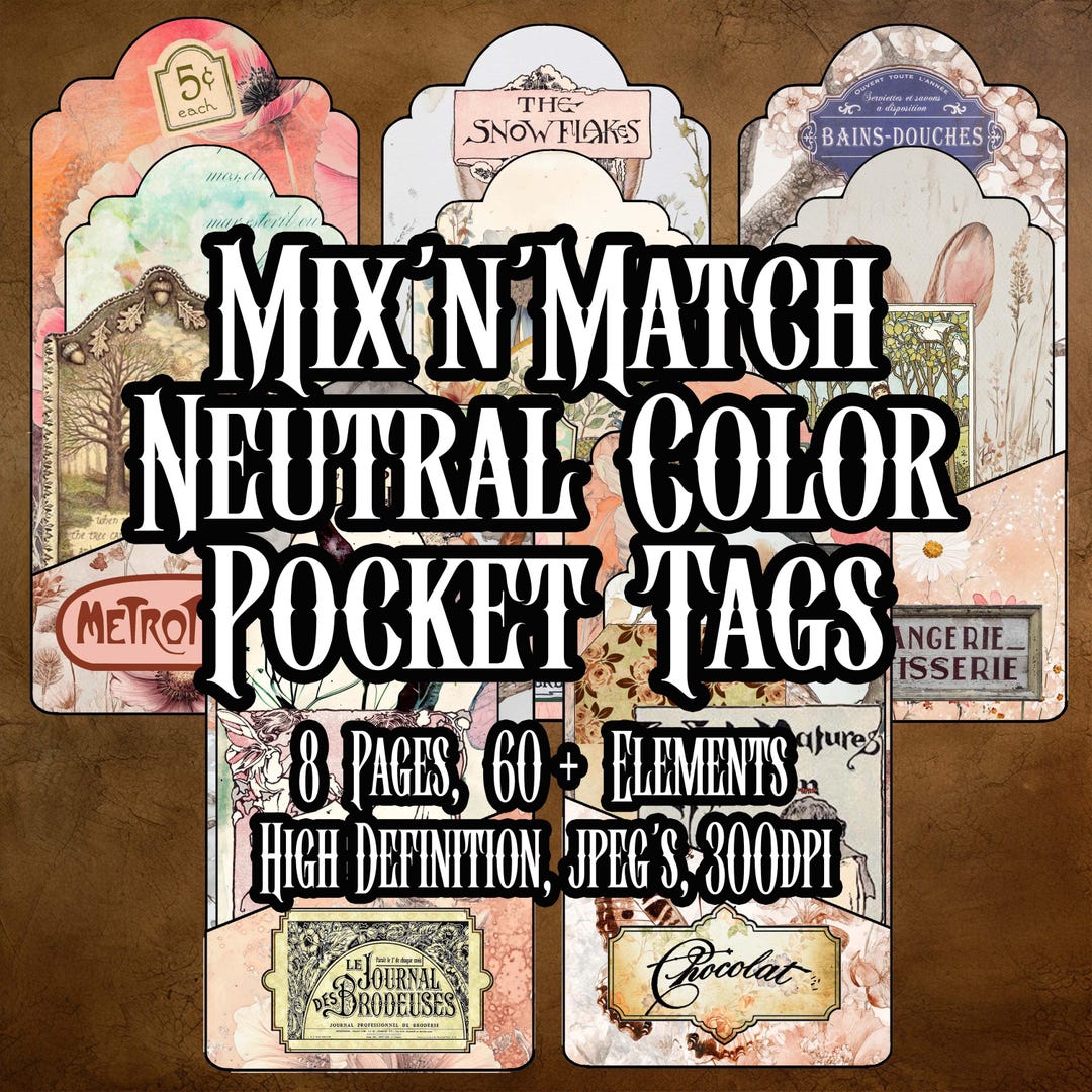Neutral Color Mix'n'match Loaded Pocket Tags Ephemera Pages Cards ...