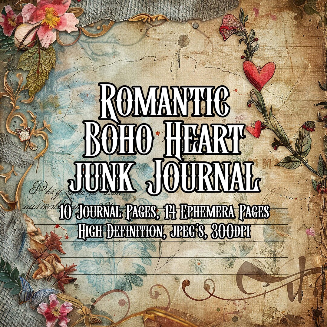Romantic Boho Hearts Junk Journal Printable Pages Scrapbooking Boho ...