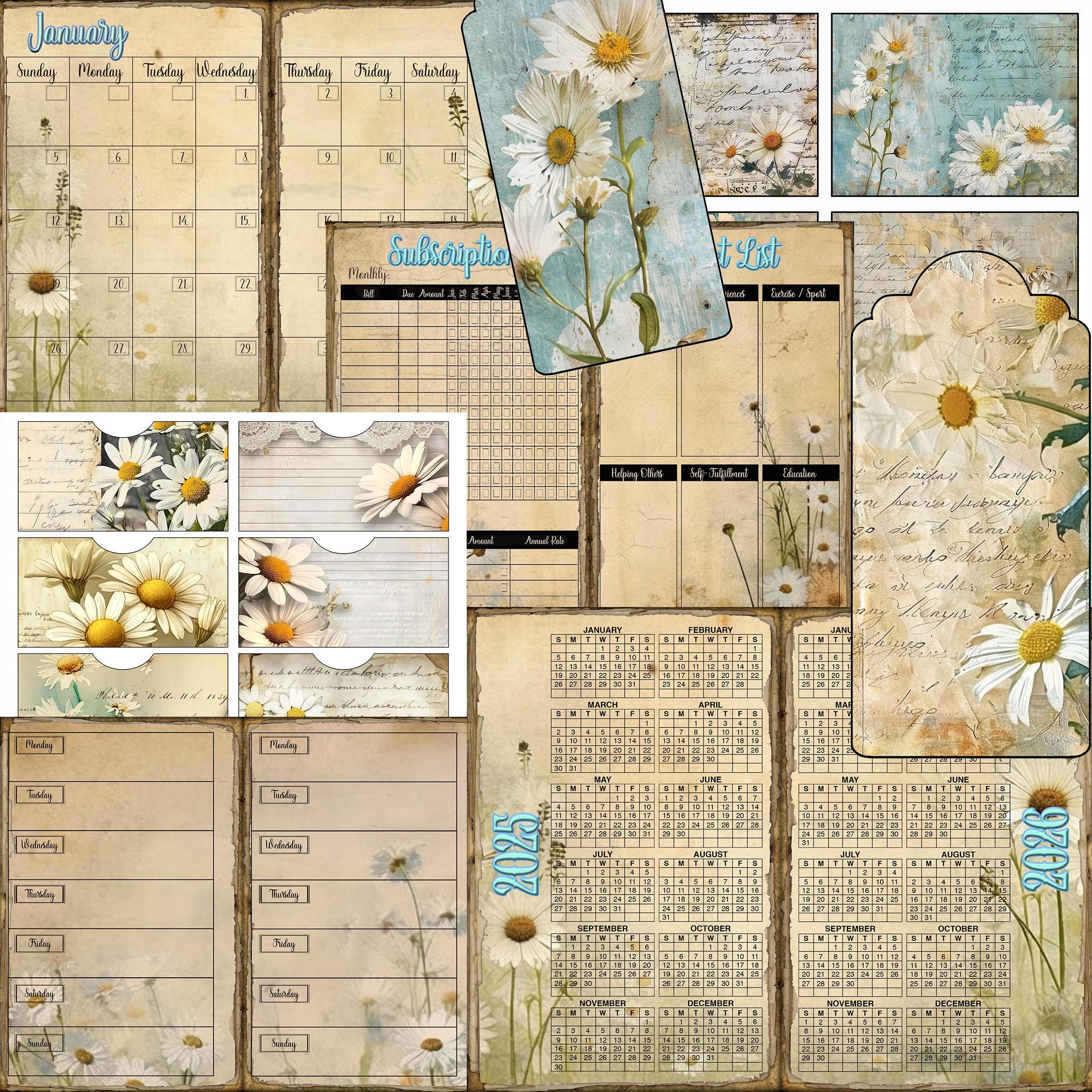 Shabby Daisy 2025 Calendar Junk Journal Printable Pages Scrapbooking ...