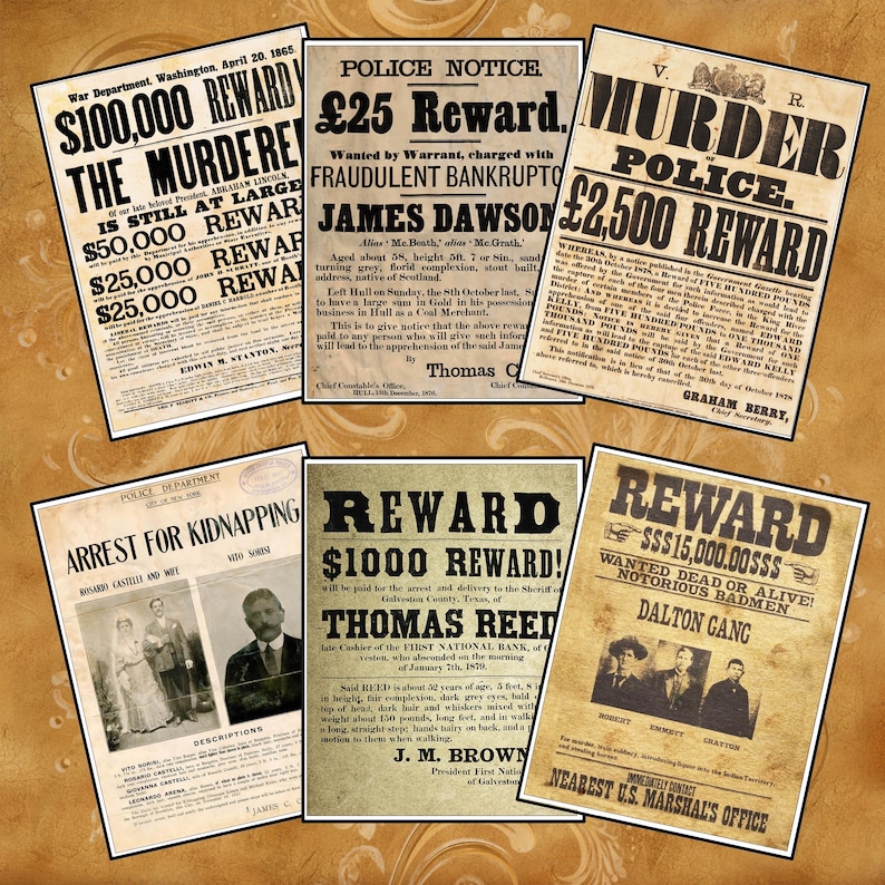Vintage Wanted Posters Ephemera Bundle 12+ Printable Full Page ...
