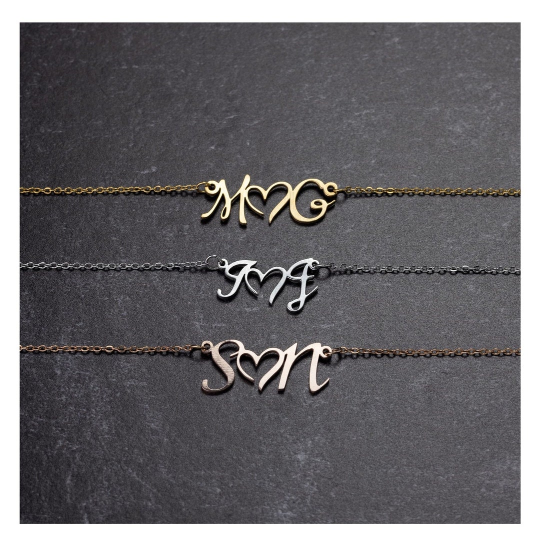 Custom Double Initial Necklace With Heart Charm Personalized Jewelry ...