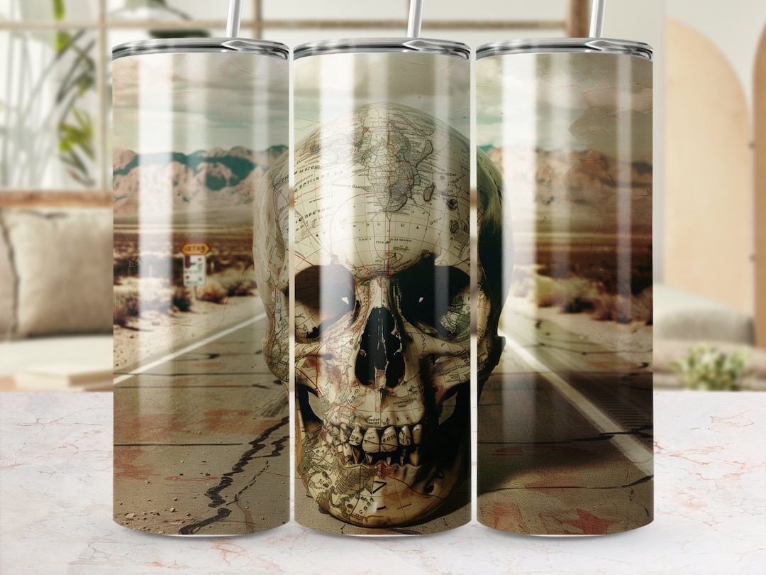 Vintage Map Skull Tumbler, Unique Travel Themed Insulated Cup, Road ...