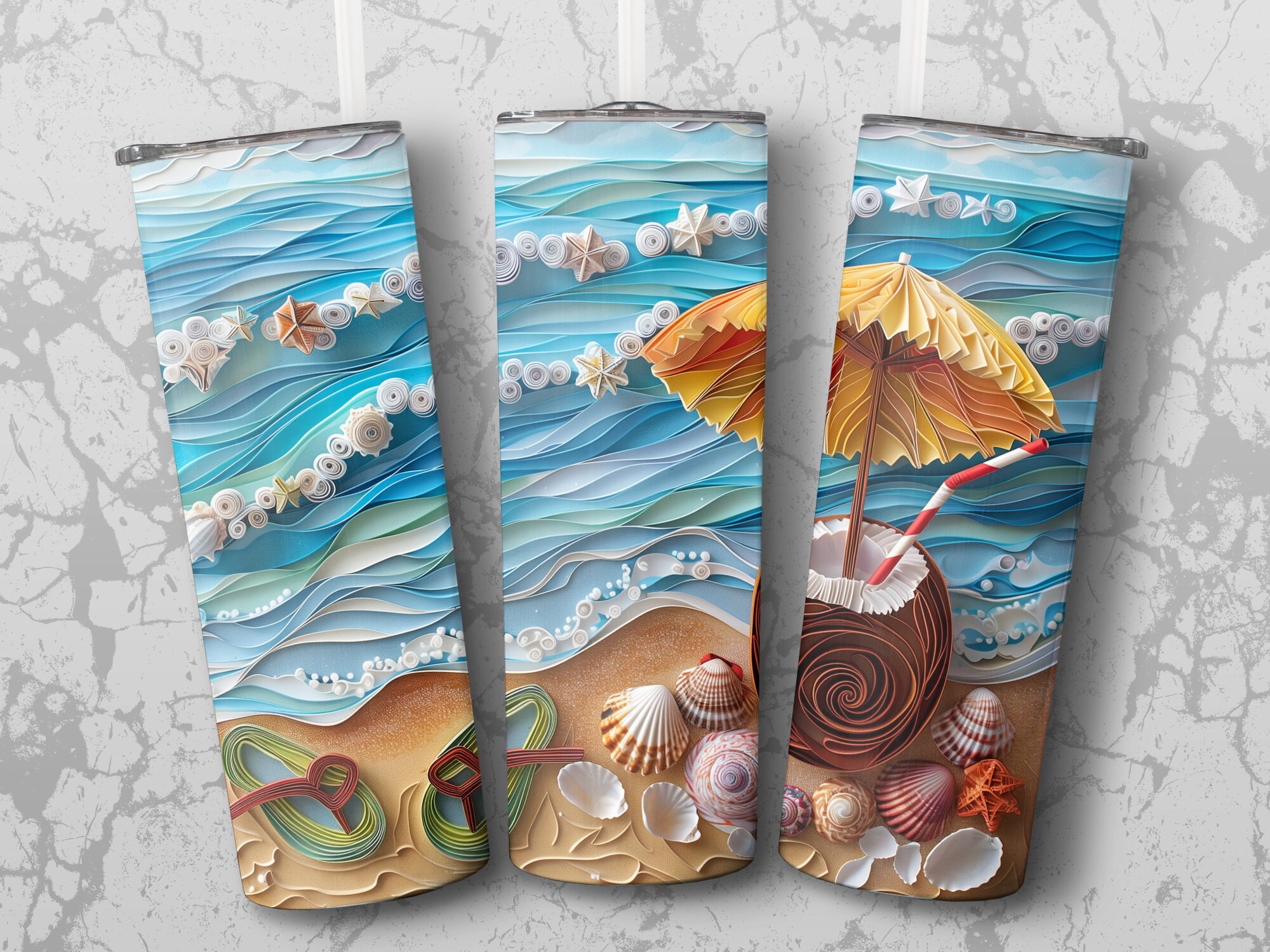 Quilled Paper Art Tumbler, Beach Scene With Coconut Drink, Ocean Waves ...