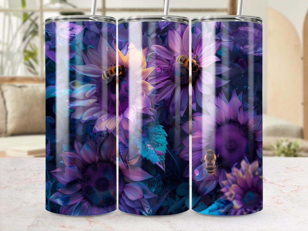 Floral Bee Tumbler, Quill Art Purple Blue Fantasy Flowers Insulated Mug ...