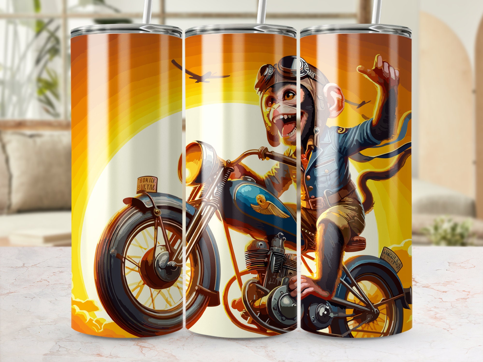 Vintage Monkey Biker Illustration Tumbler, Retro Motorcycle Travel Cup ...